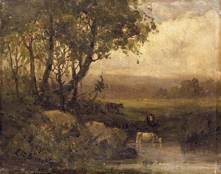 Edward Mitchell Bannister landscape, riverbank, three cows Painting ...